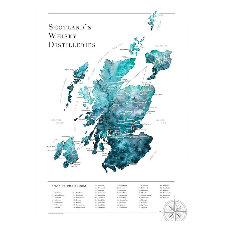 Watercolour Whisky Distillery Map - A3 Print • Aberdeen Whisky Shop